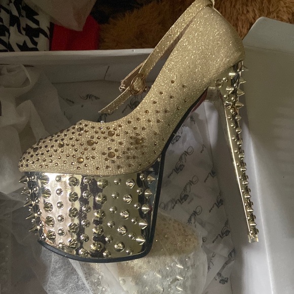 Shoes | Tan Gold Glitter Spiked Red Bottom Platform Heels | Poshmark